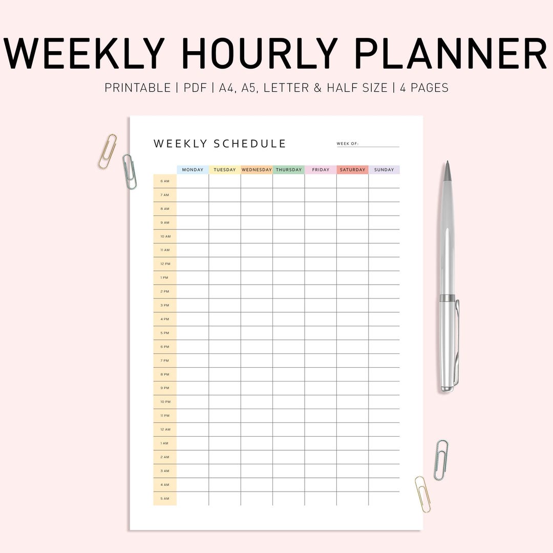 Hourly Weekly Schedule Printable, Weekly Digital Planner, Week Planner ...