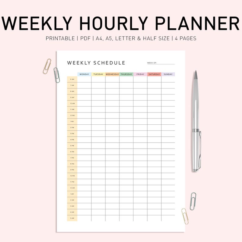 Hourly Weekly Schedule Printable, Weekly Digital Planner, Week Planner ...