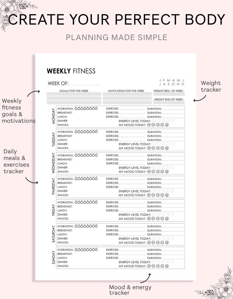 Weekly Fitness Planner Printable, Digital Health Planner, Fitness ...