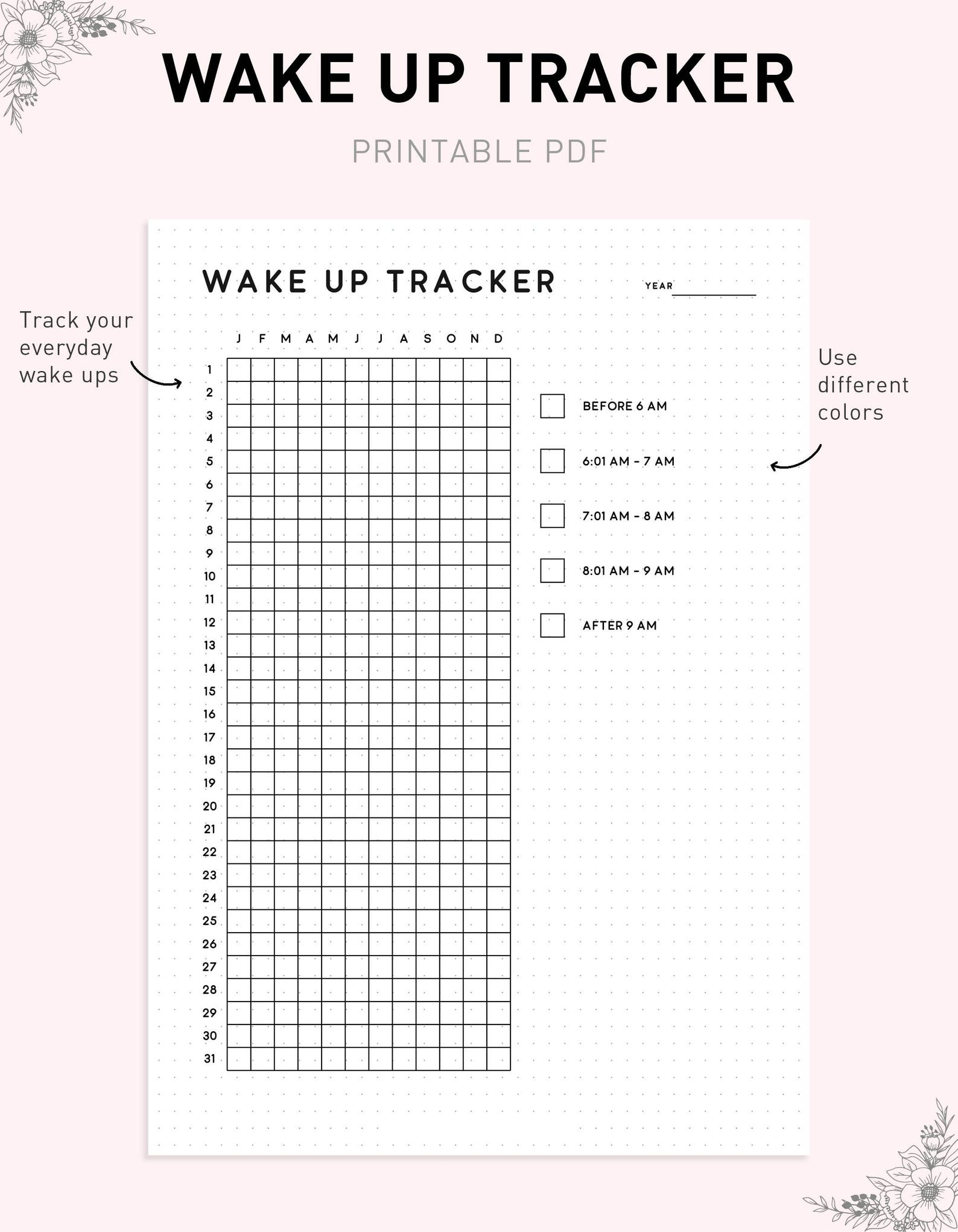 Wake up Tracker Printable Journal Page, Monthly Wake up Log, Get up ...