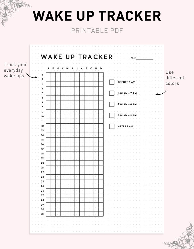 Wake up Tracker Printable Journal Page, Monthly Wake up Log, Get up ...