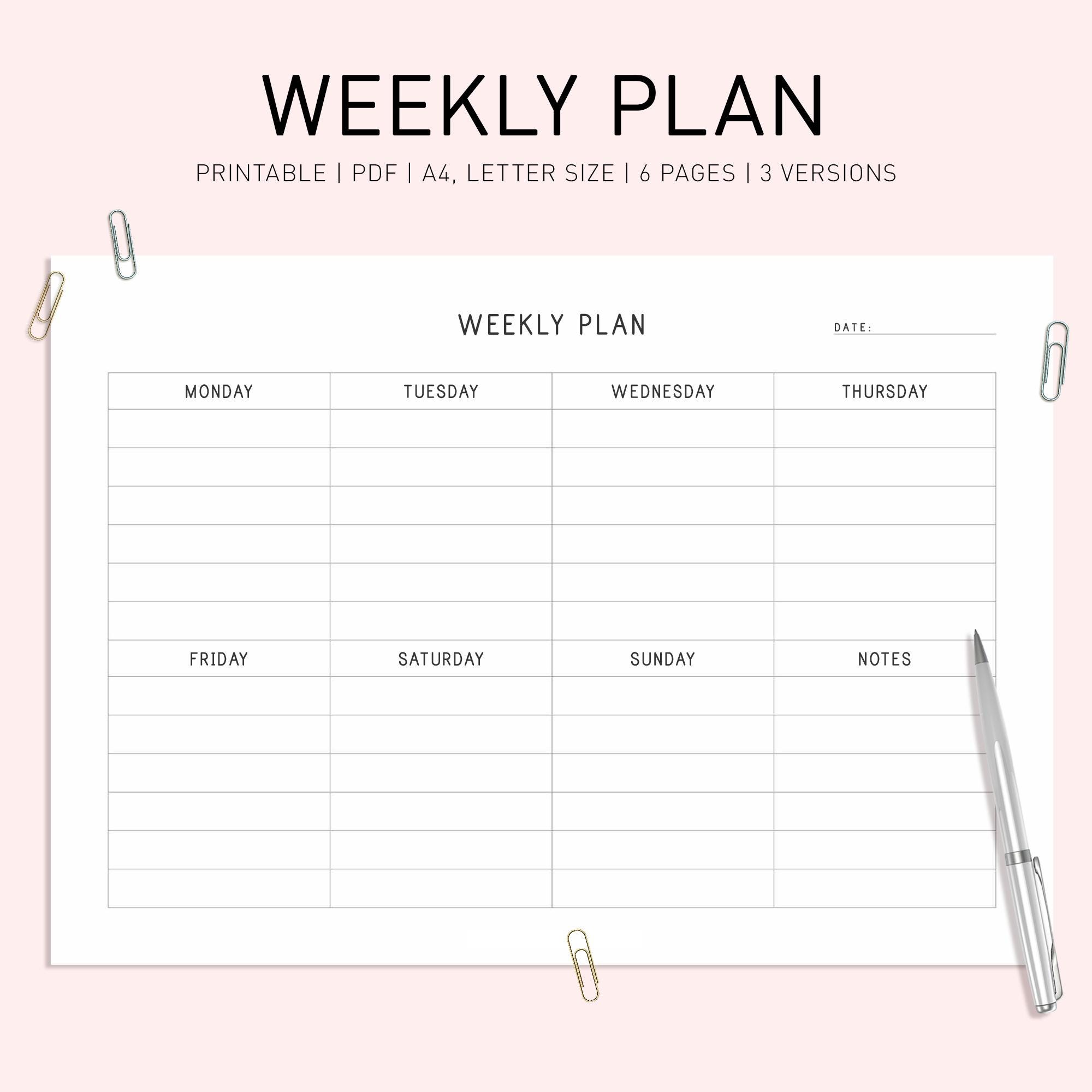 Week Planner Printable, Weekly Schedule Landscape, Week Organizer ...