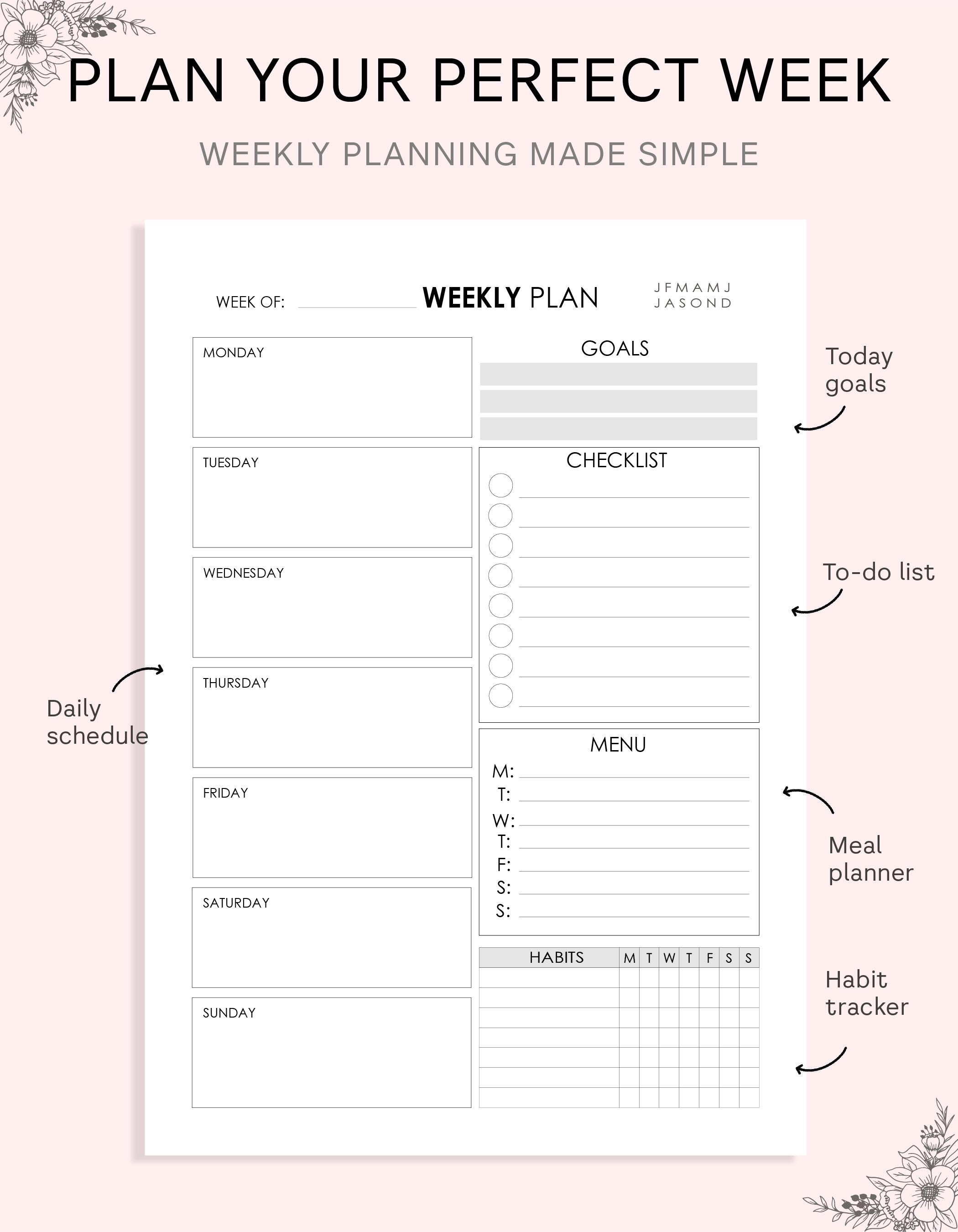 Weekly Planner Printable: Week at a Glance Organizer (digital Download ...