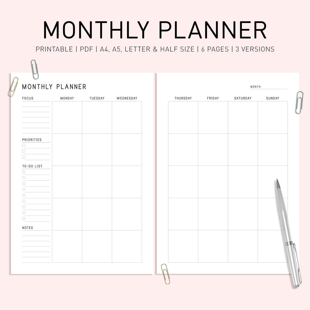 Minimalist Monthly Planner Printable: Undated A4 A5 Inserts (PDF ...