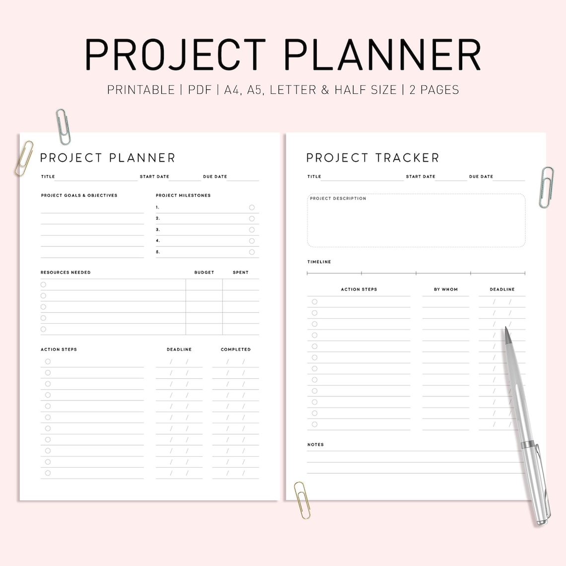 Project Planner Printable, Work Planner, Project Timeline Tracker ...