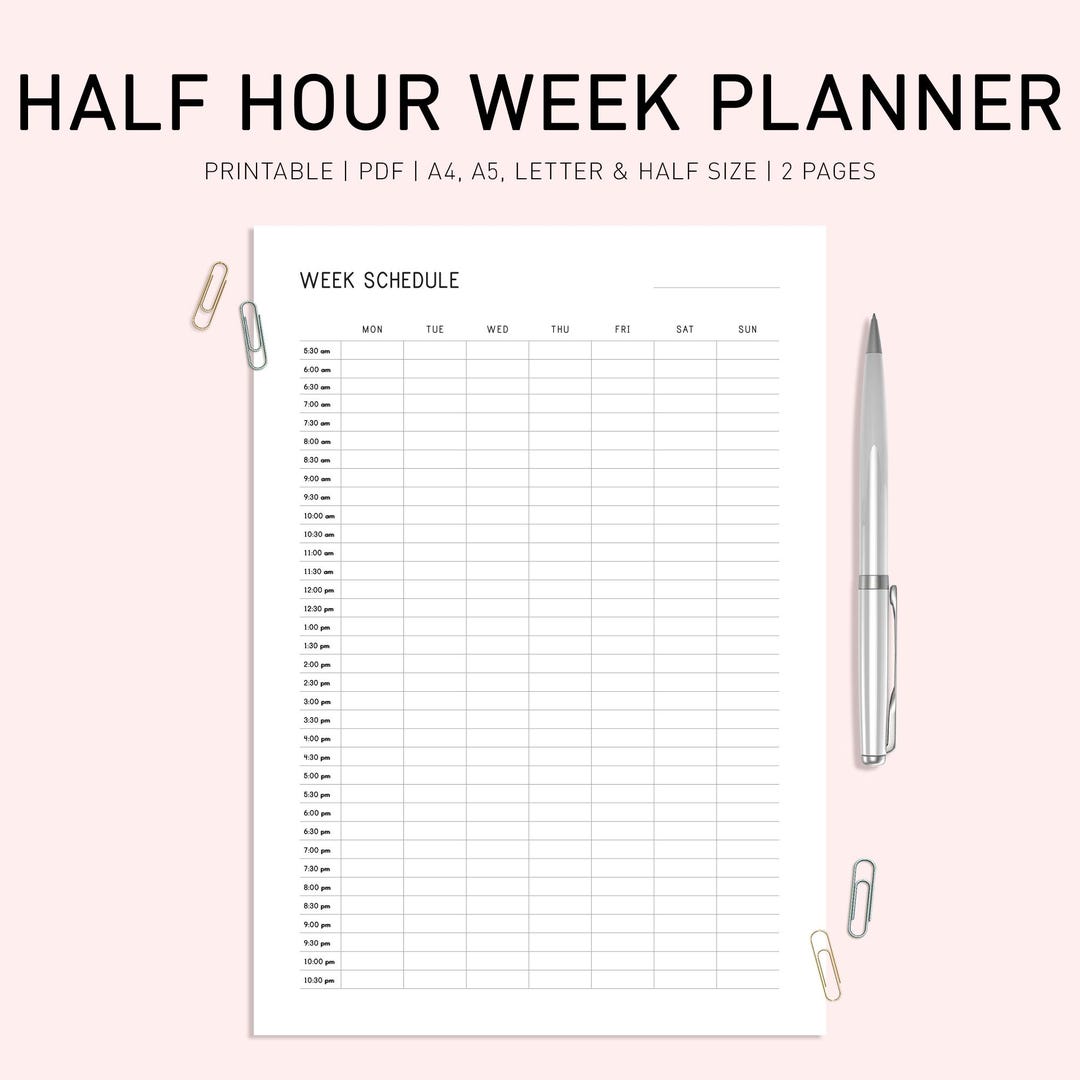 Half Hour Weekly Schedule Printable, Half Hour Daily Schedule Template ...