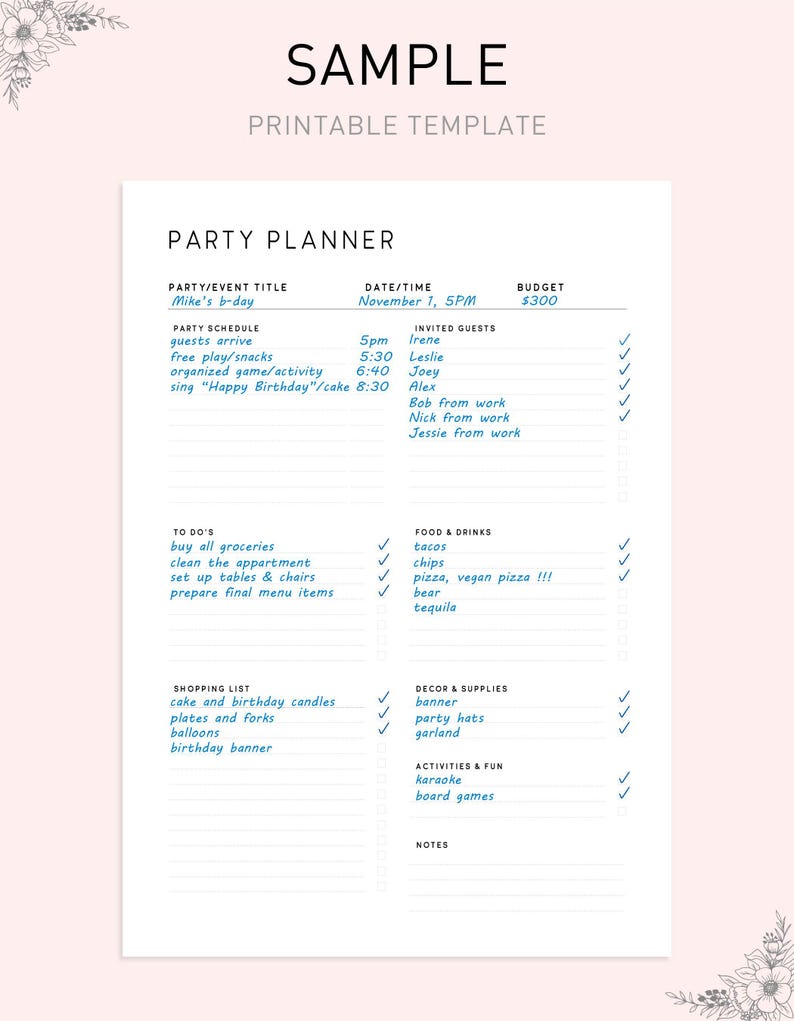 Party Event Planner Printable, Digital Wedding Bachelorette Birthday ...