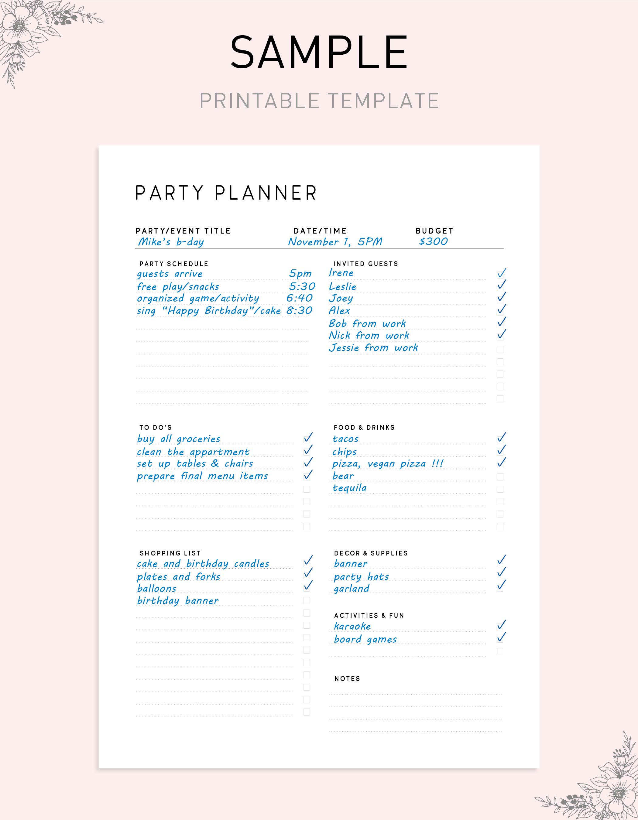 Party Event Planner Printable, Digital Wedding Bachelorette Birthday ...