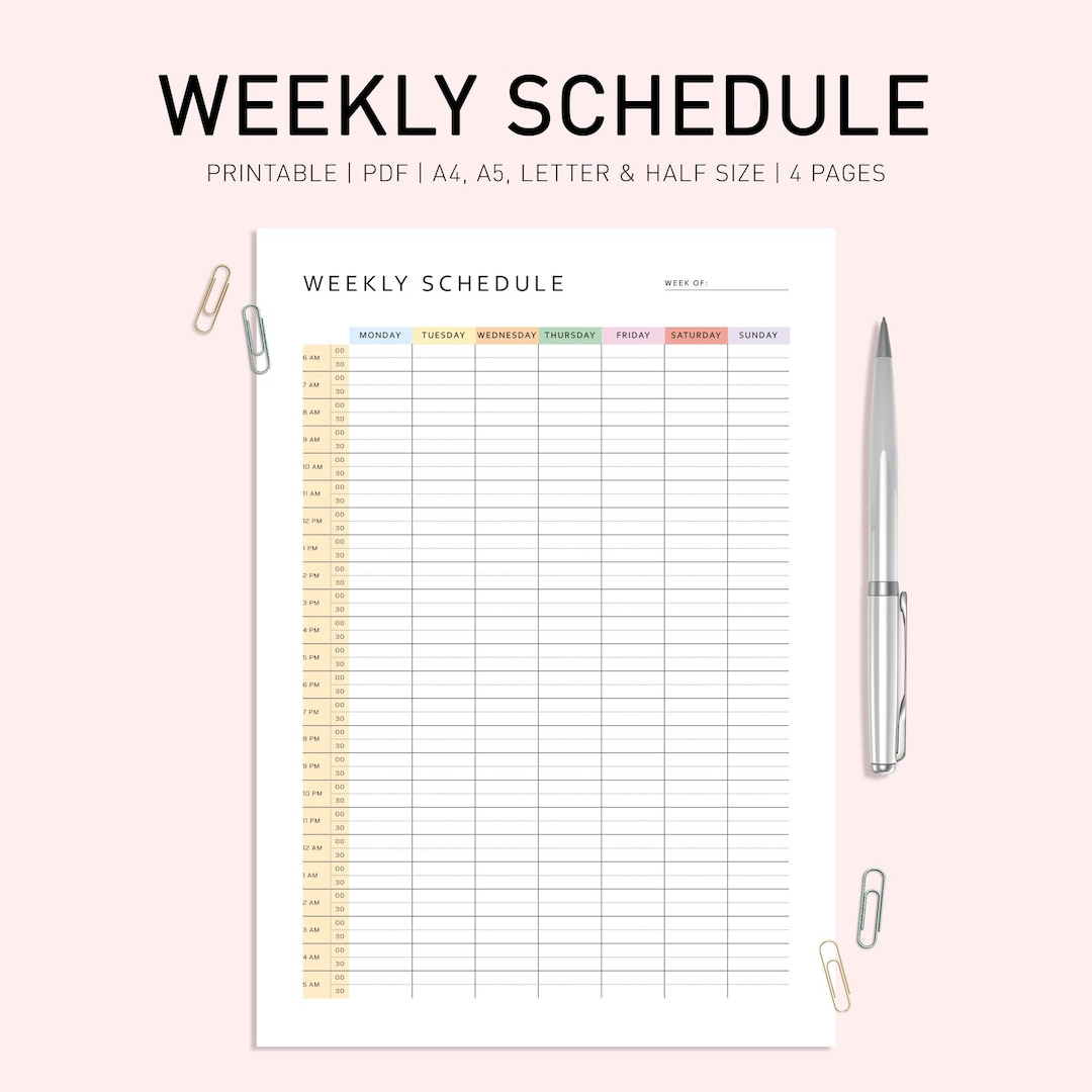 Half Hour Weekly Planner Printable: Minimalist Schedule (A4, A5, US ...