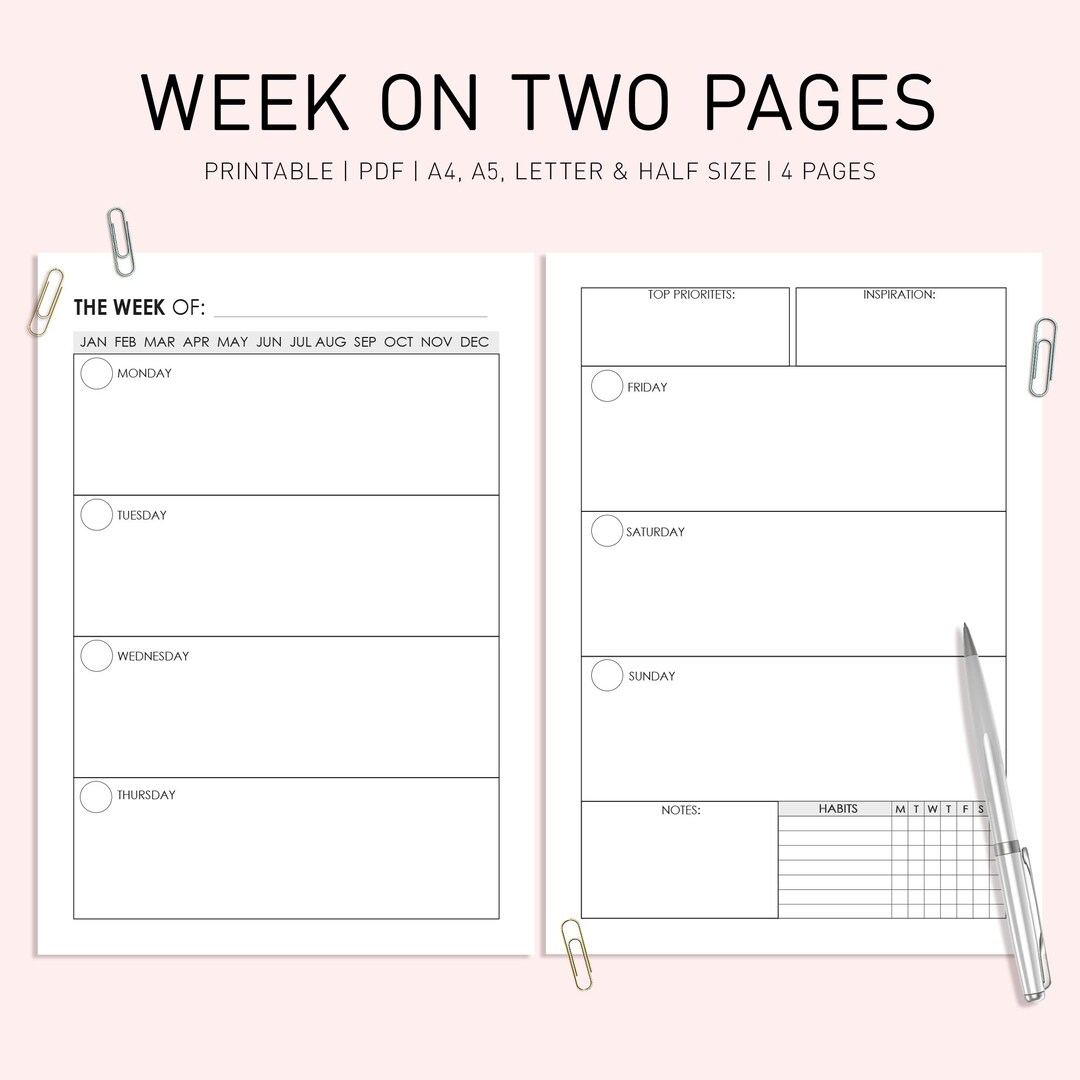 Week on Two Pages Planner Printable, Undated Weekly Planner, Weekly ...