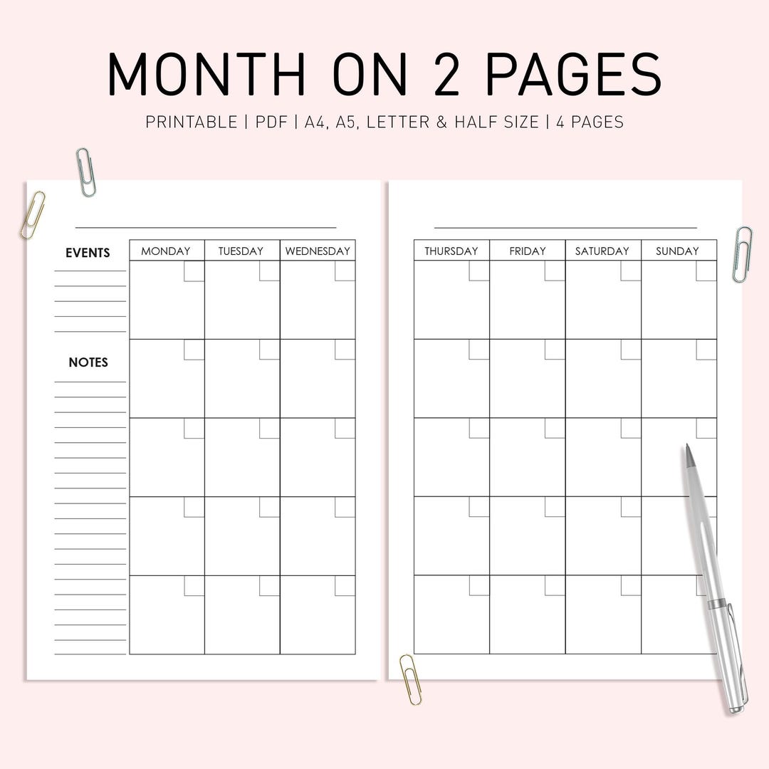 Undated Monthly Planner Printable: A4/a5/letter Sizes (PDF Download ...