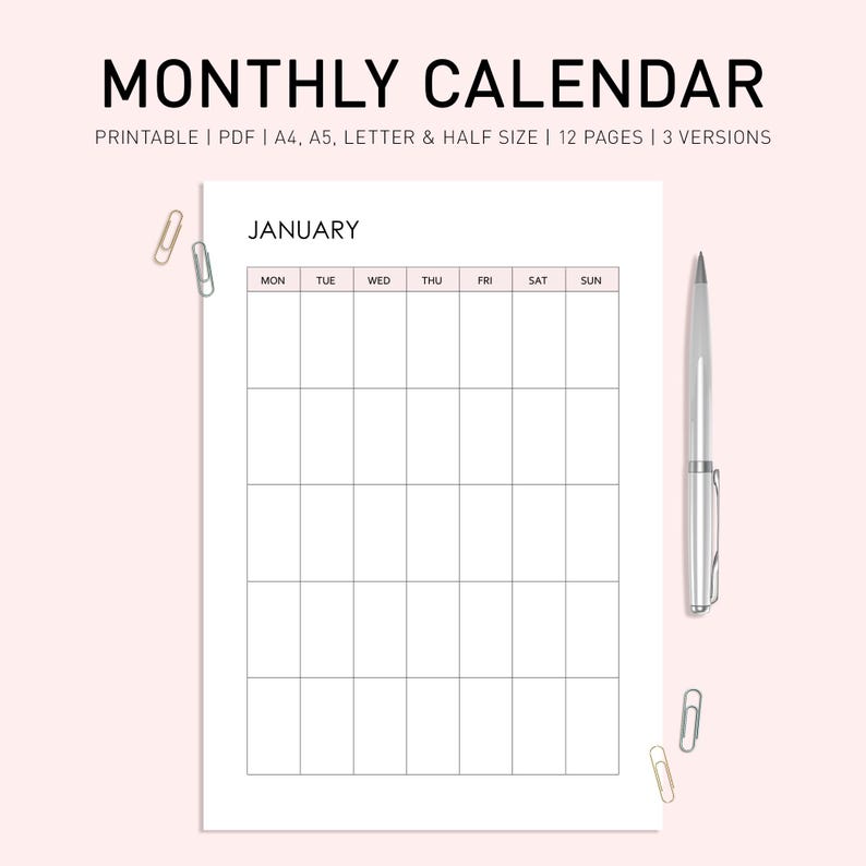 Blank Monthly Calendar Template Printable, Undated Calendar, Desk ...