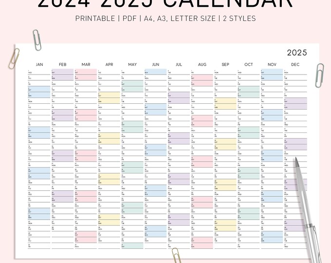 Full Year Calendar 2025 Printable, 2025 Monthly Planner, Rainbow Dated ...