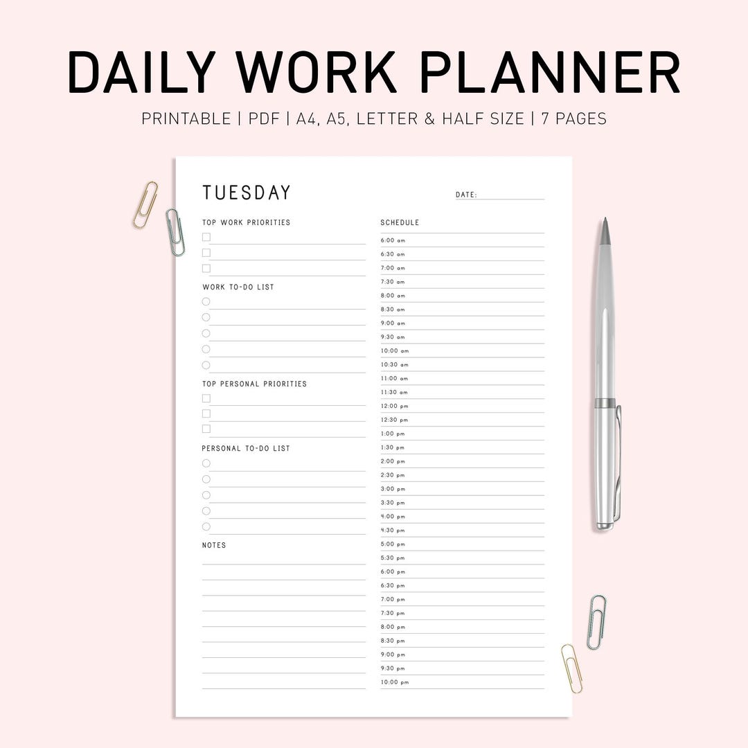 Daily Work Planner Printable, Hourly Schedule, Digital Day Planner, Day ...