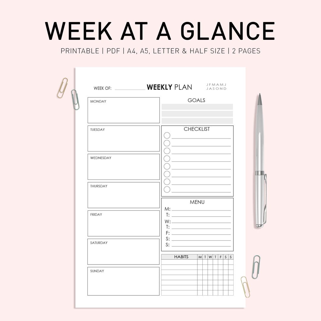 Week at a Glance Planner Printable, Printable Week Planner, Weekly ...