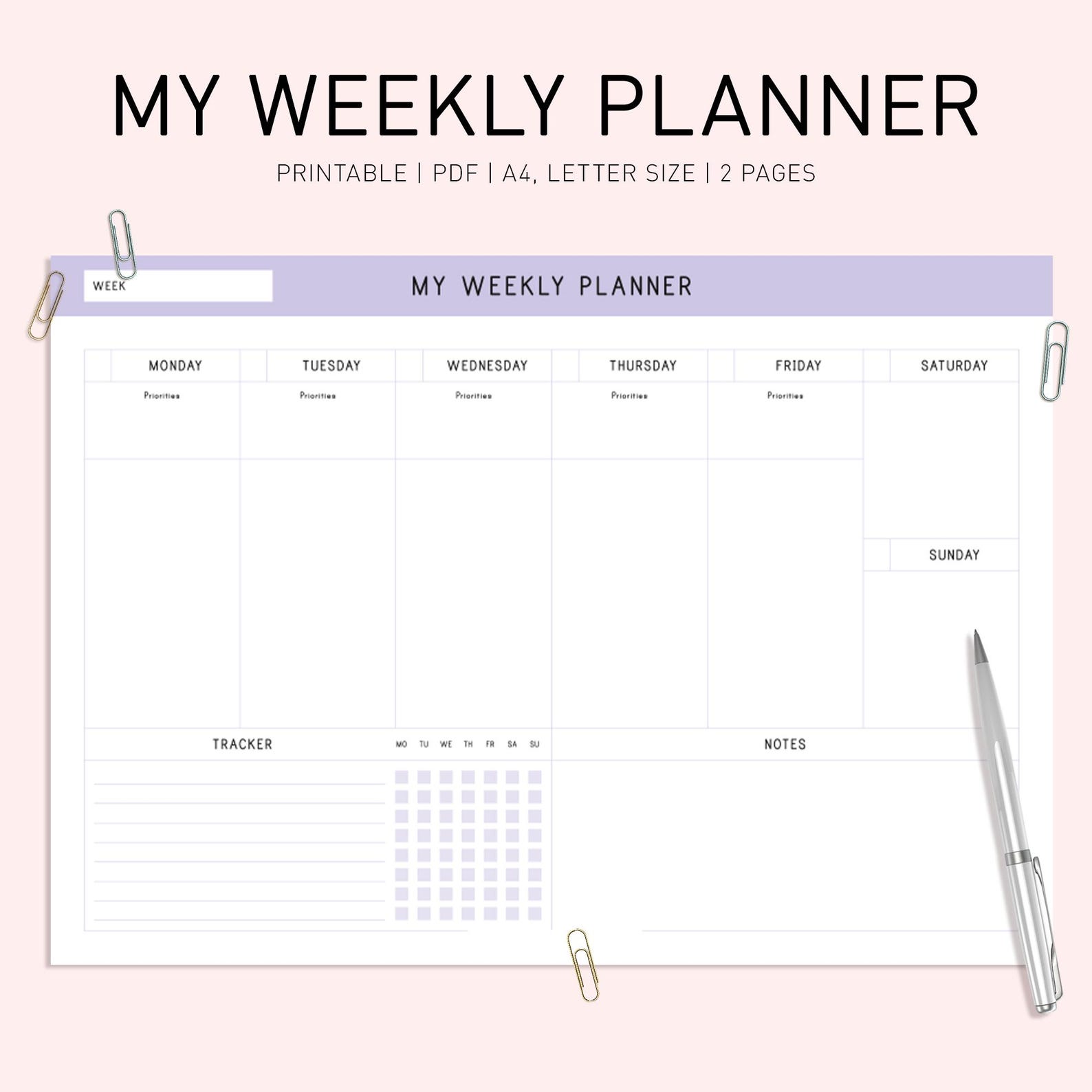 Weekly Planner Printable: Landscape Layout, Habit Tracker (PDF Download ...
