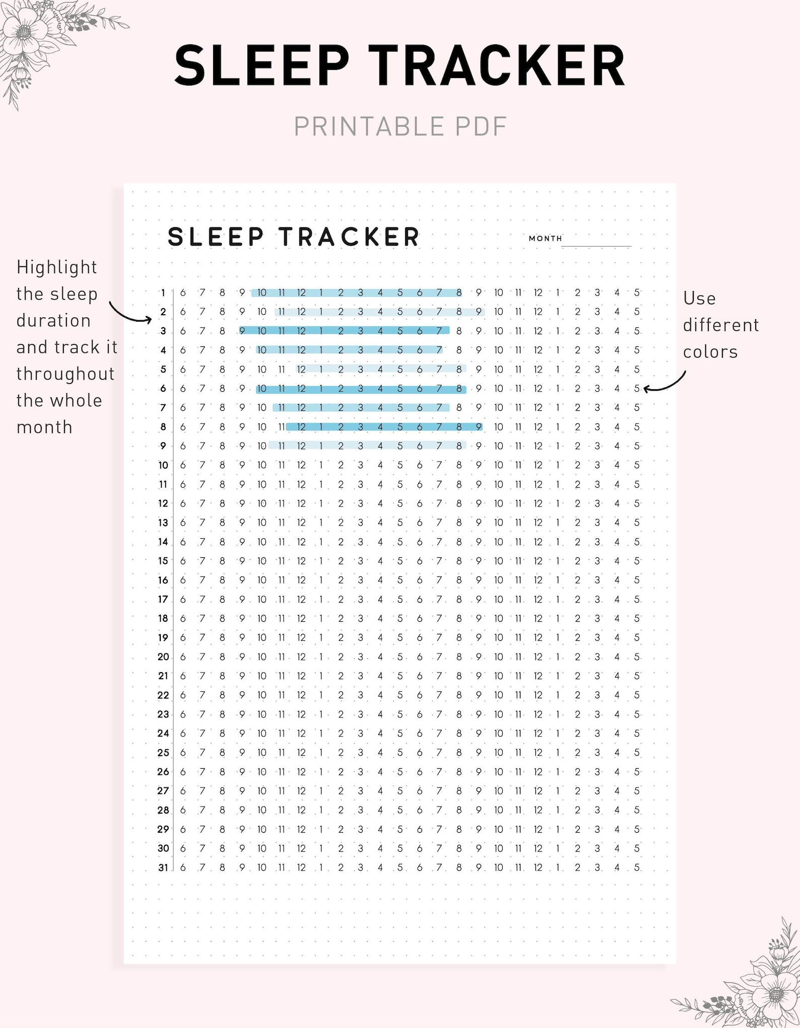 Hourly Sleep Tracker Printable Journal, Monthly Sleep Log, Sleep ...