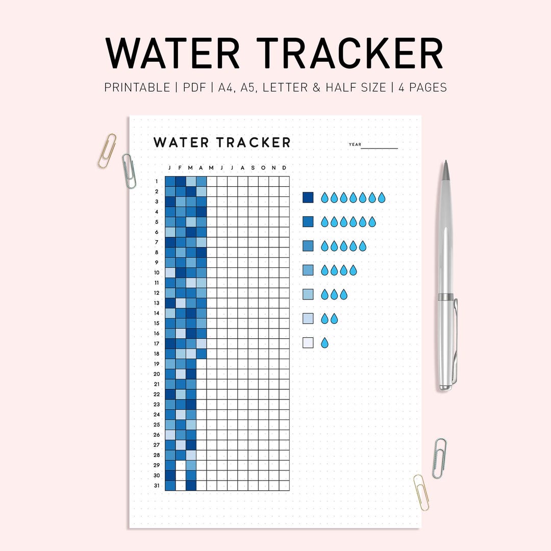 Monthly Water Tracker Printable: Hydration Planner (A5, A4, US Letter ...