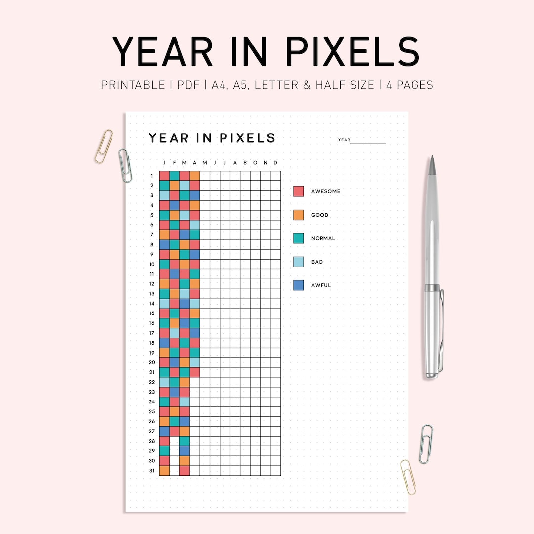 Year in Pixels Tracker Printable Journal Page, Digital Daily Mood ...
