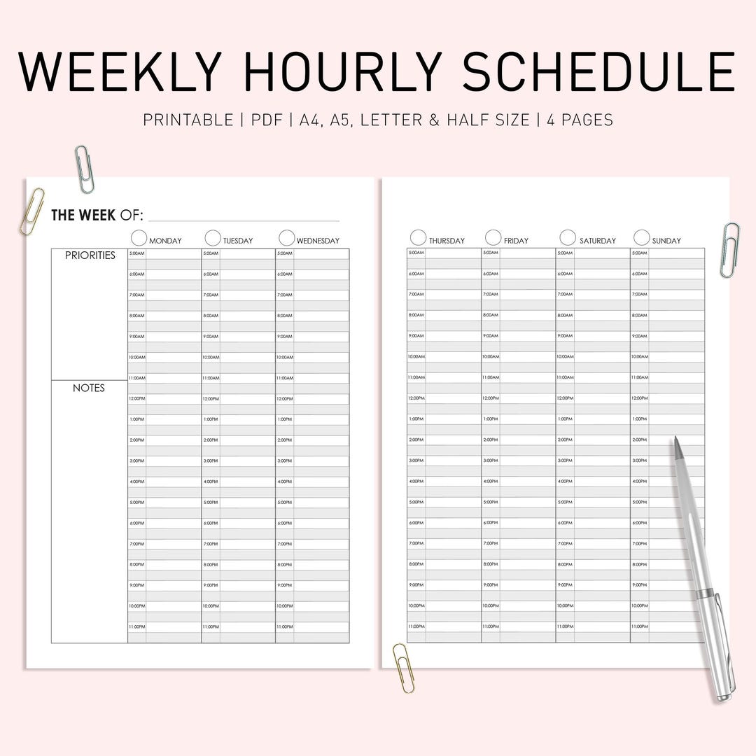Weekly Hourly Planner on 2 Pages Printable, Weekly Schedule A5 ...
