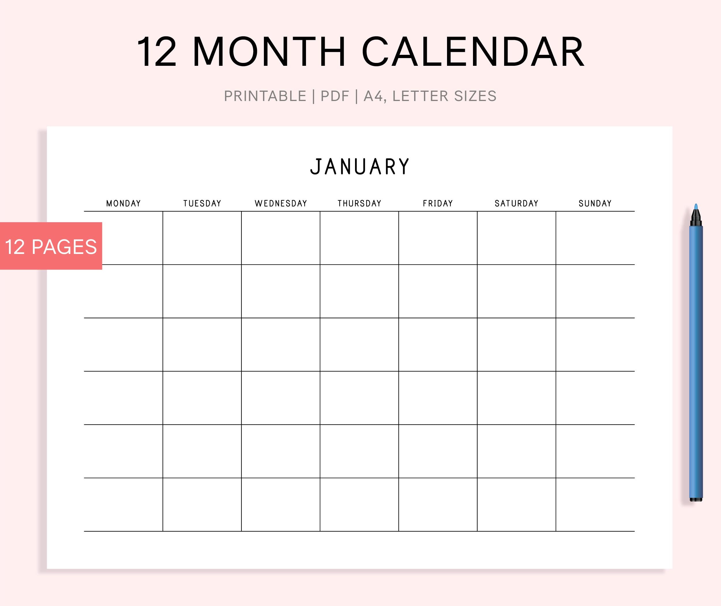 Monthly Calendar Printable, Blank Calendar Landscape, 12 Months ...