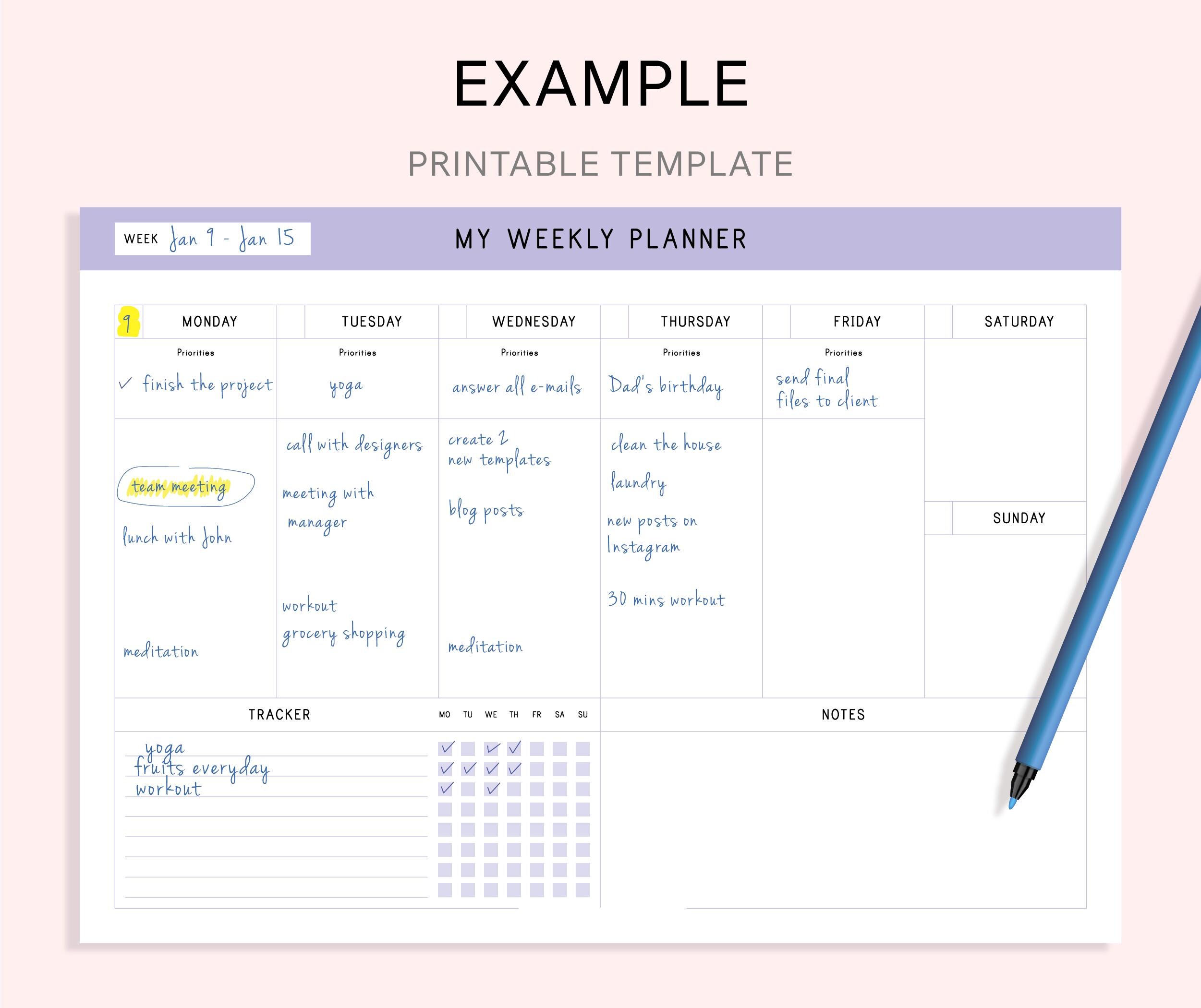 Weekly Planner Printable: Landscape Layout, Habit Tracker (PDF Download ...