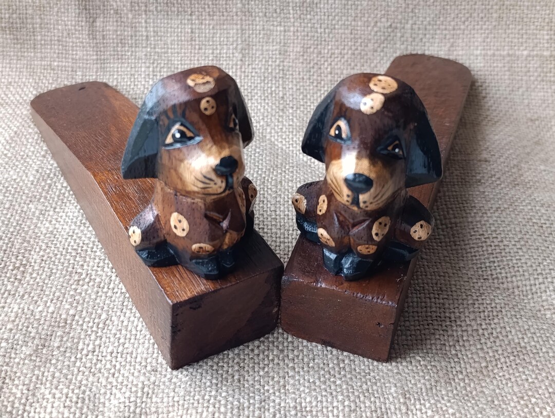 Vintage Hand-carved Wooden Dog Door Stops - Pair of 7.3'' Door Stoppers ...