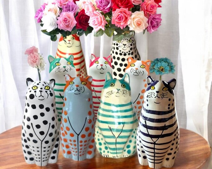 Vintage MCM Cat Vase Ceramic Striped Pink and White Cat Vase Made in ...