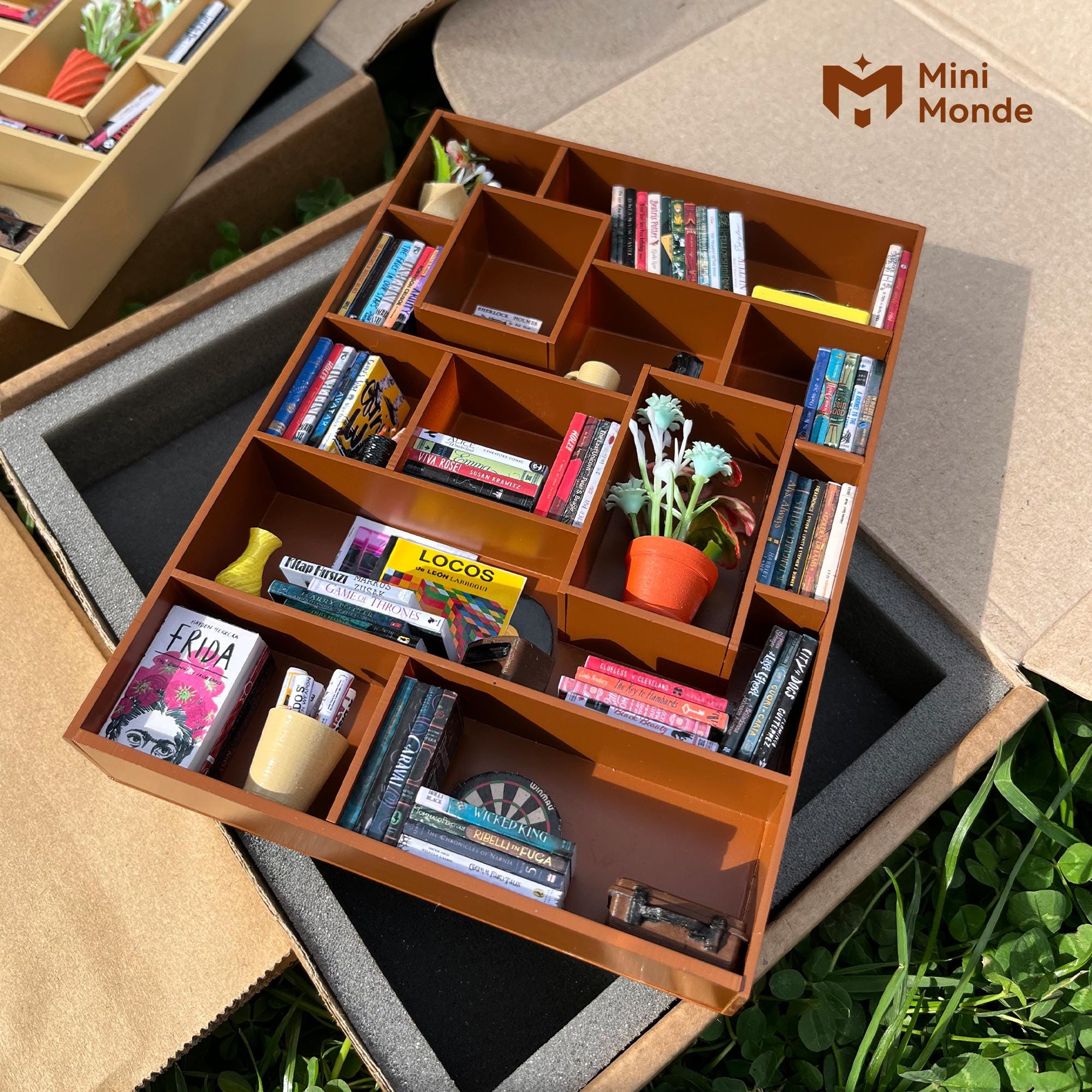 Miniature Wooden Bookshelf With Books, Plants and Decor | Handmade Mini ...
