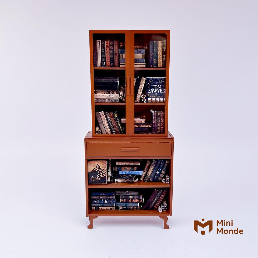Miniature Wooden Bookshelf With Vintage Books, Dollhouse Furniture ...
