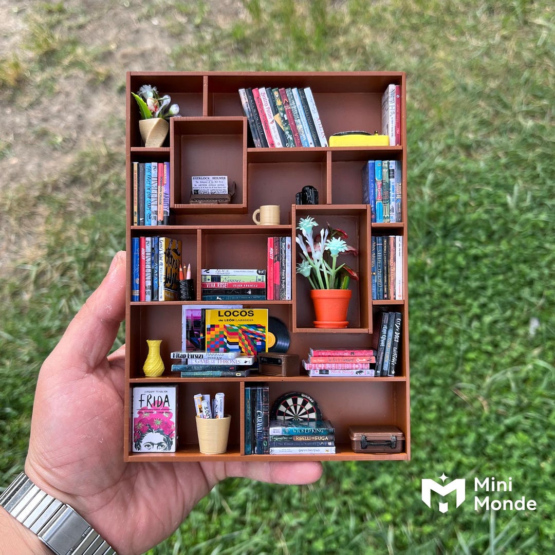 Miniature Wooden Bookshelf With Books, Plants and Decor | Handmade Mini ...