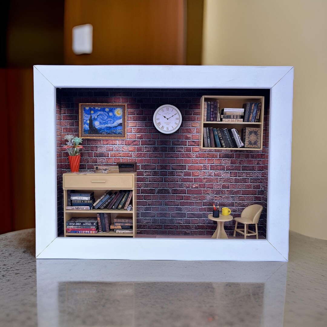 Miniature Bookshelf, Book Nook With Vintage Bookshelves, Wall Clock ...