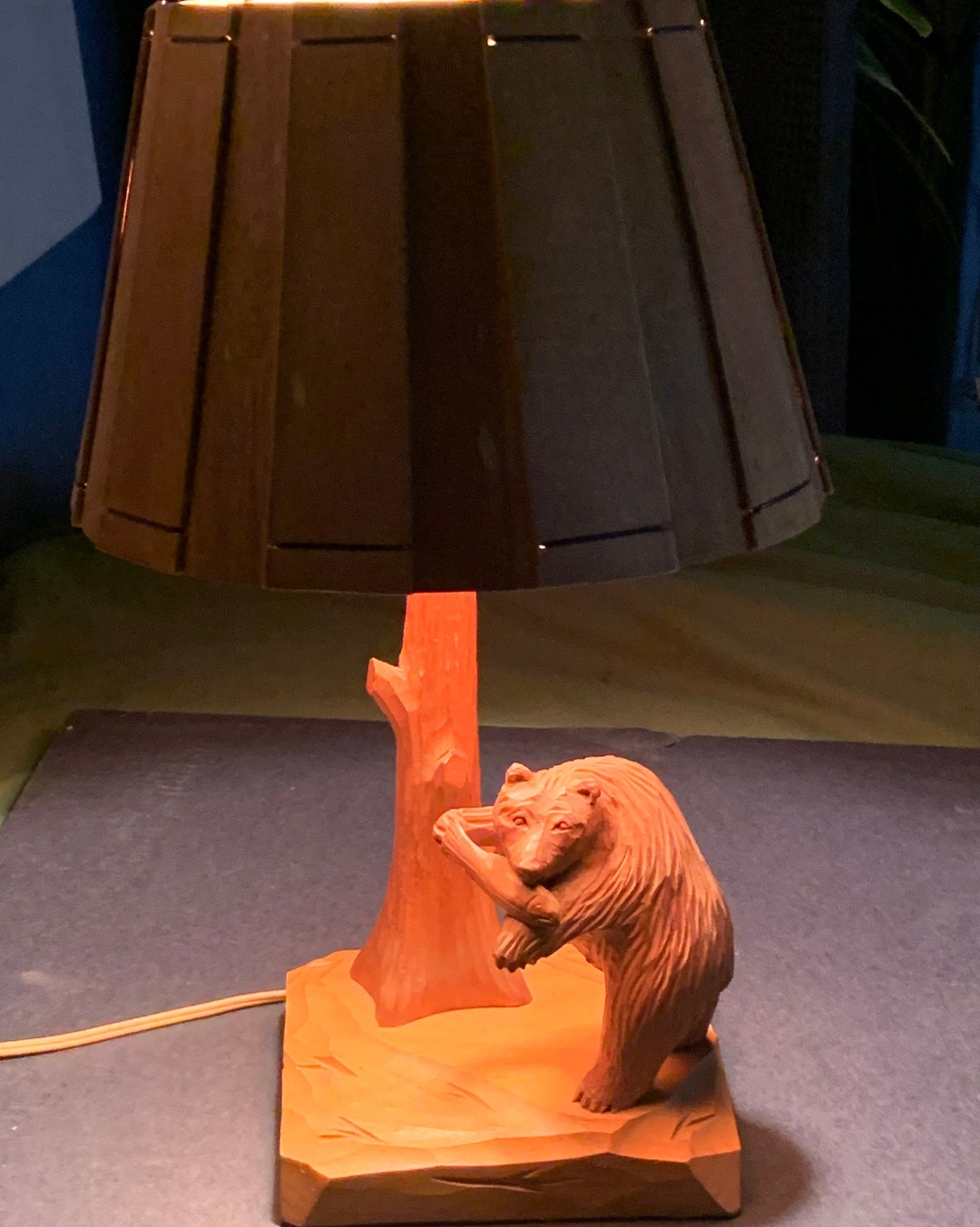 Vintage Hand-carved Bear and Tree Lamp With Wooden Slat Shade Dube ...