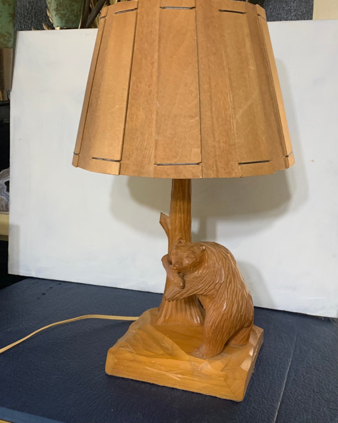 Vintage Hand-carved Bear and Tree Lamp With Wooden Slat Shade Dube ...
