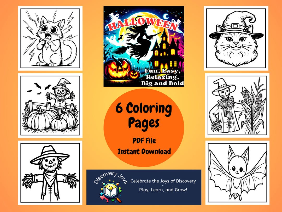 Halloween Coloring Pages: Cute and Scary Cat, Scarecrow, Bat - Etsy