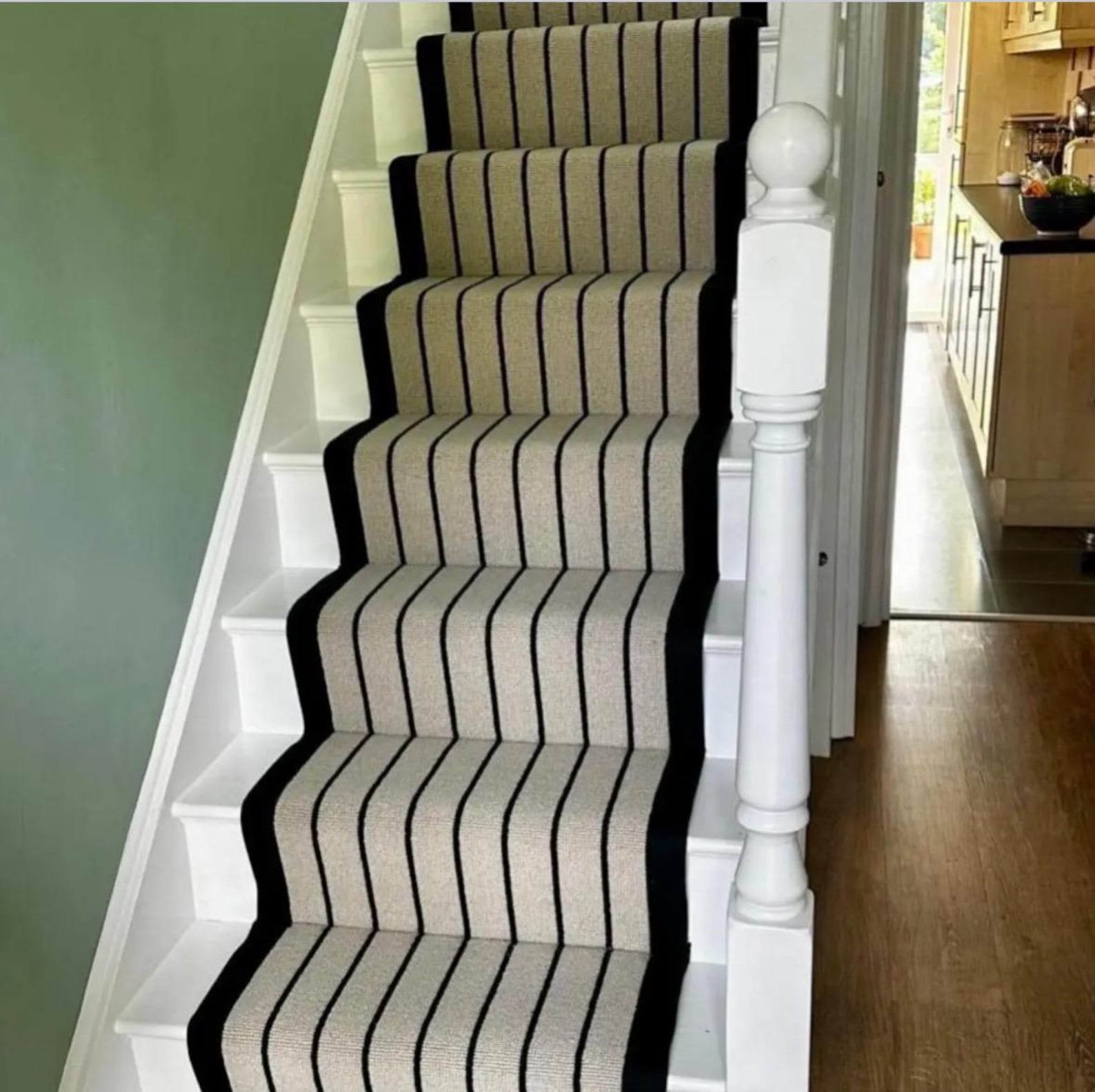 Beige With Black Stripe Wool Stair Runner With Black Stitched Taped ...