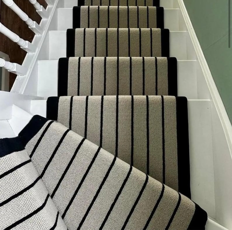 Beige With Black Stripe Wool Stair Runner With Black Stitched Taped ...