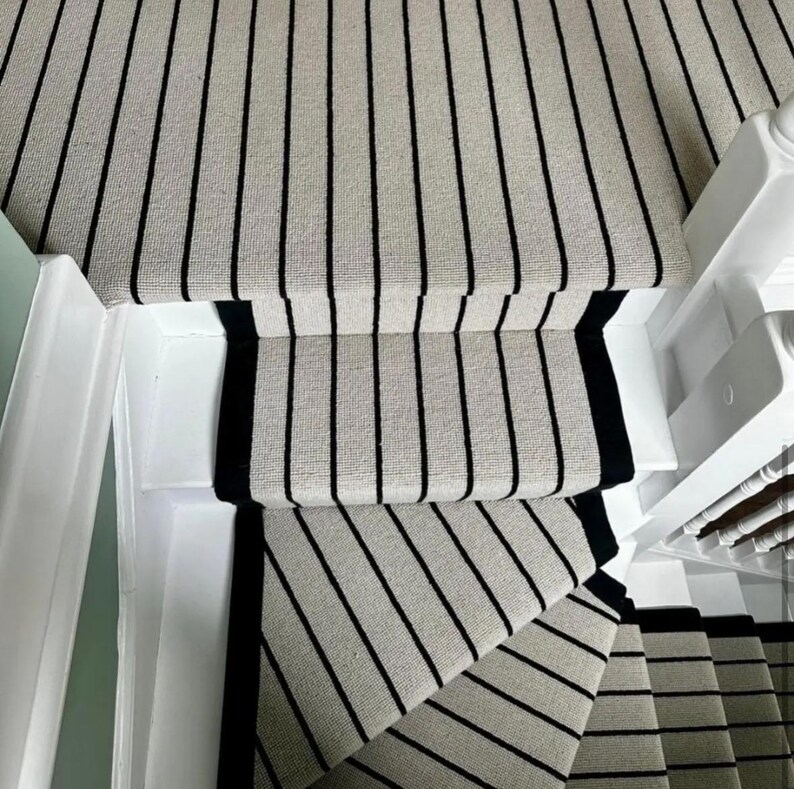 Beige With Black Stripe Wool Stair Runner With Black Stitched Taped ...