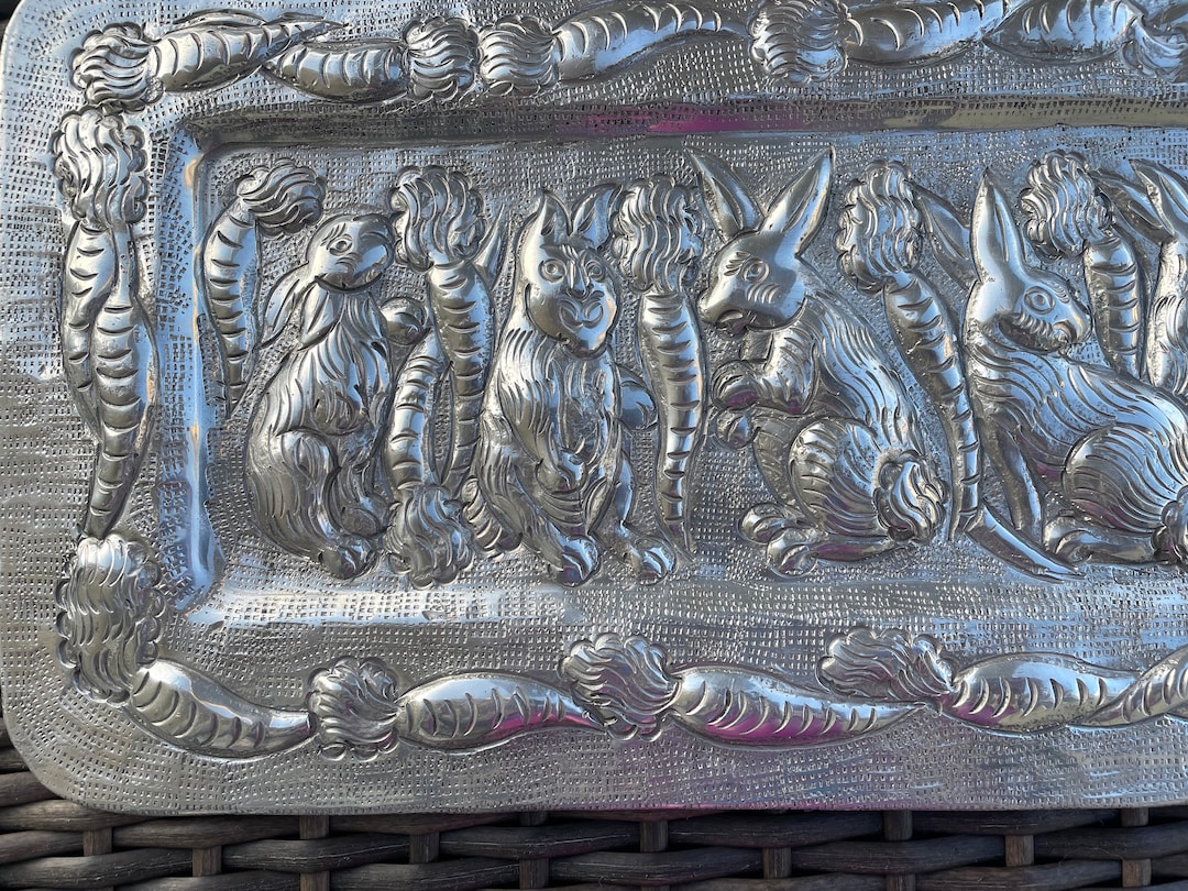 Stunning Vintage Repousse Etched Metal Bunny Rabbit Tray Wall Hanging ...