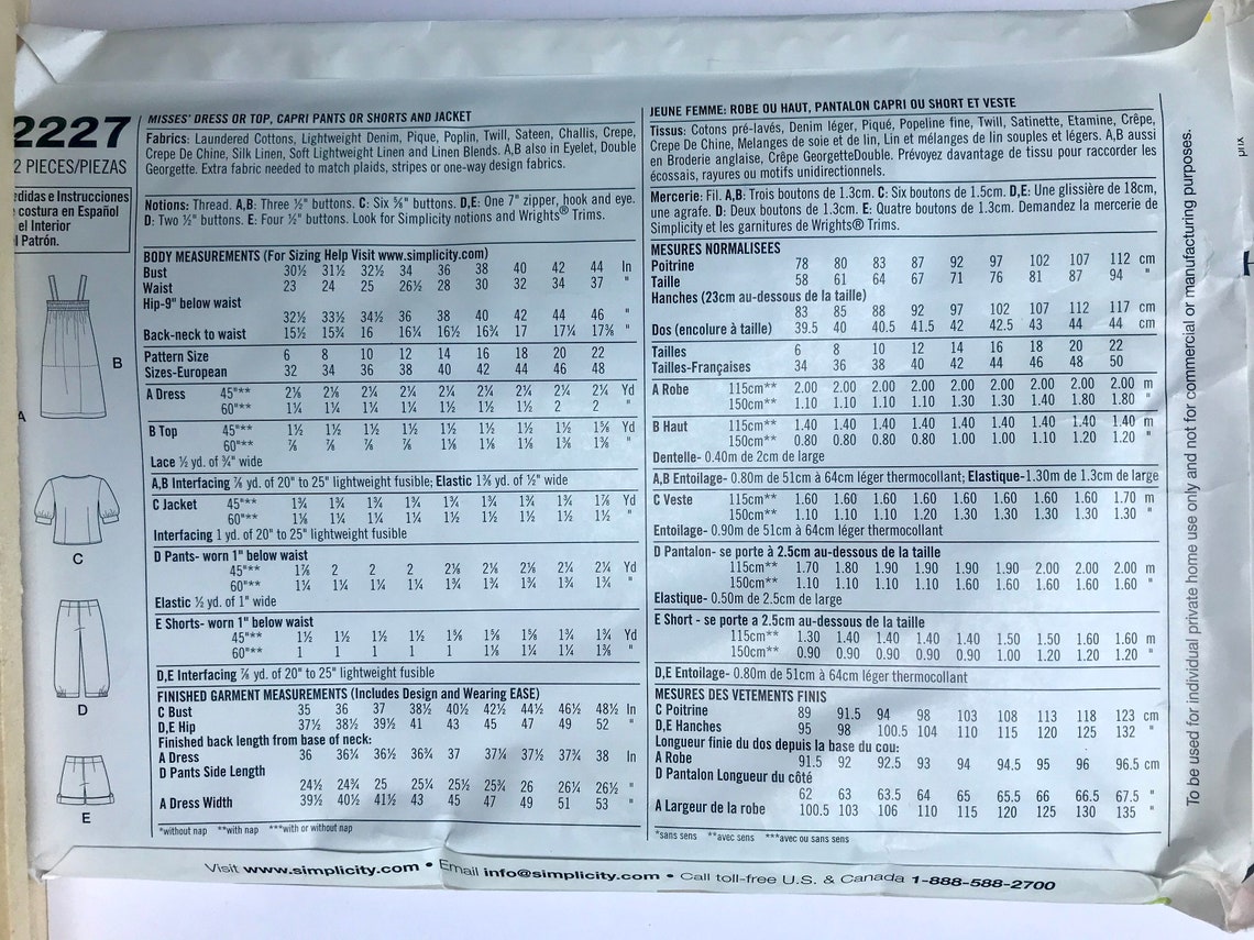 UNCUT Sewing Pattern Simplicity 2227 Dress or top Capri | Etsy