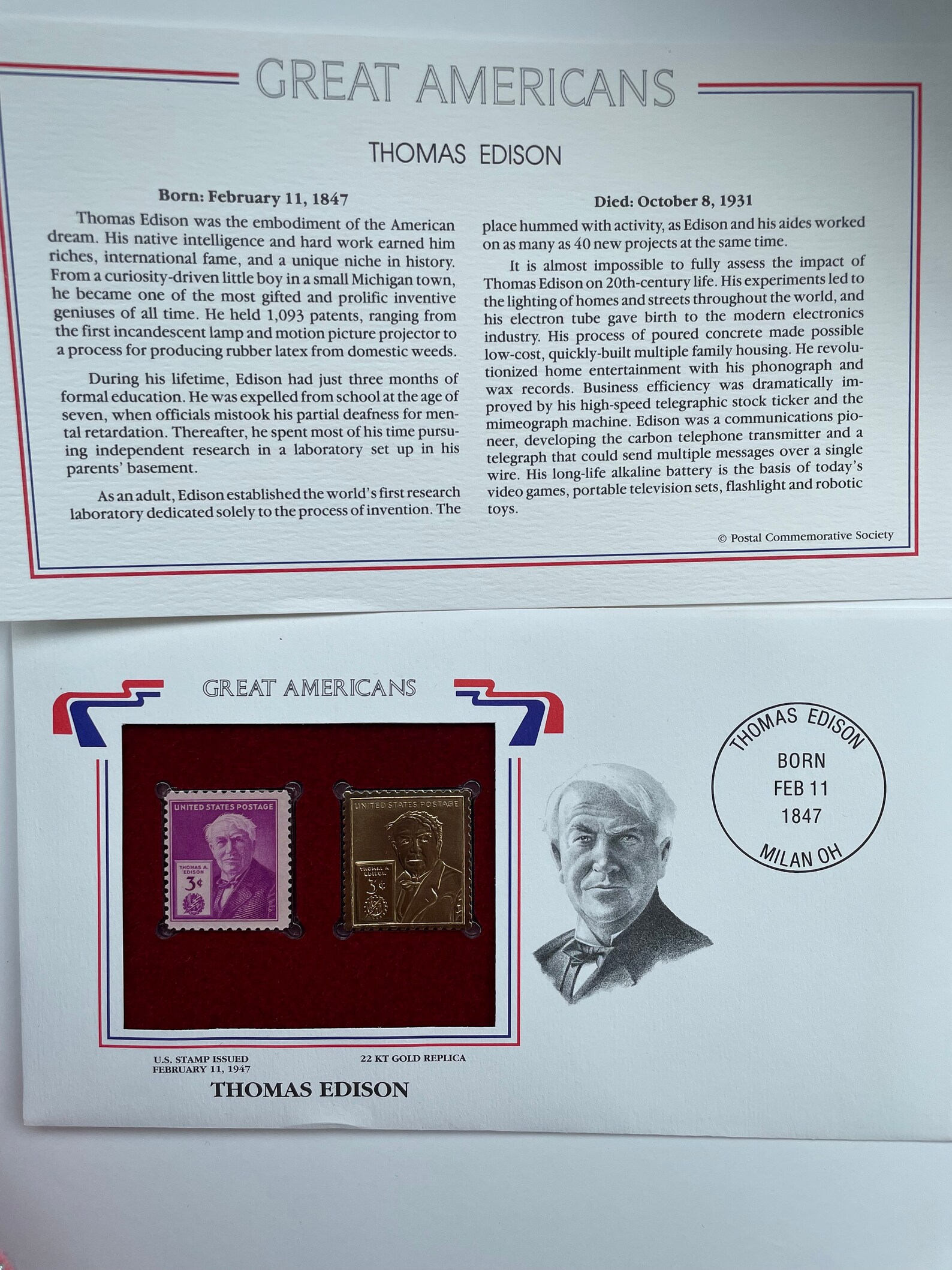 1947 Thomas Edison 3-cent Stamp Mint Condition & 22K Gold | Etsy