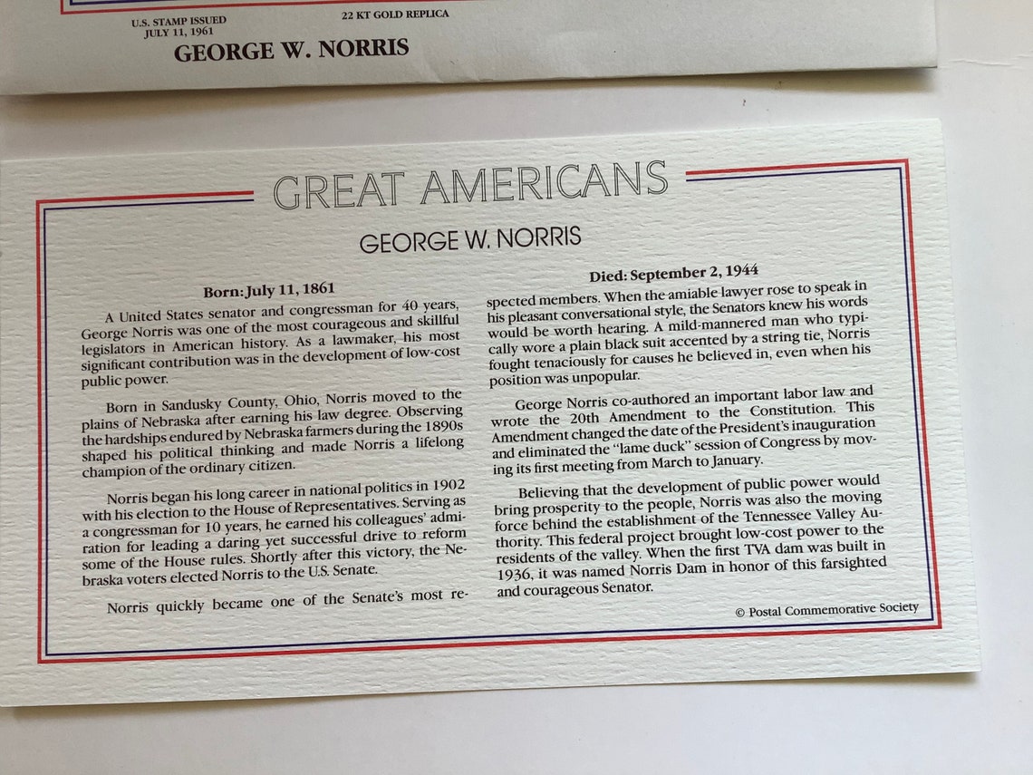 1961 George W. Norris 4-cent Stamp in Mint Condition & 22K Gold Replica ...