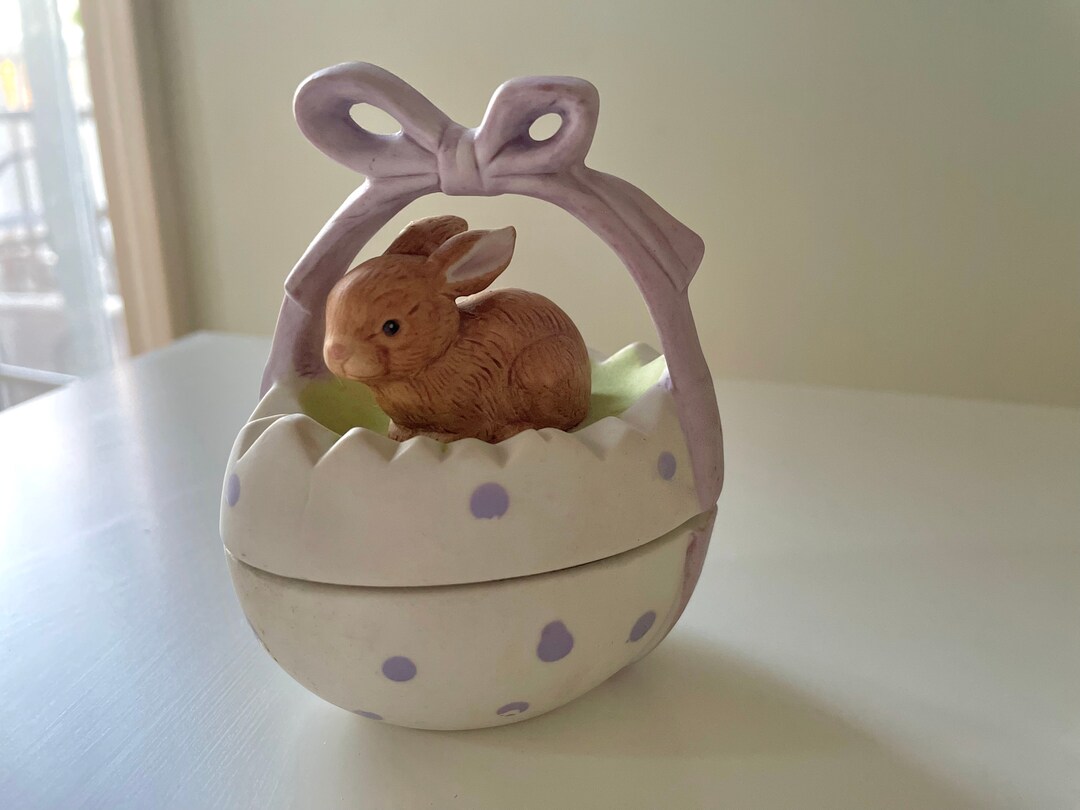 Vintage Signed Lefton Porcelain Easter Basket Trinket Holder With Bunny ...