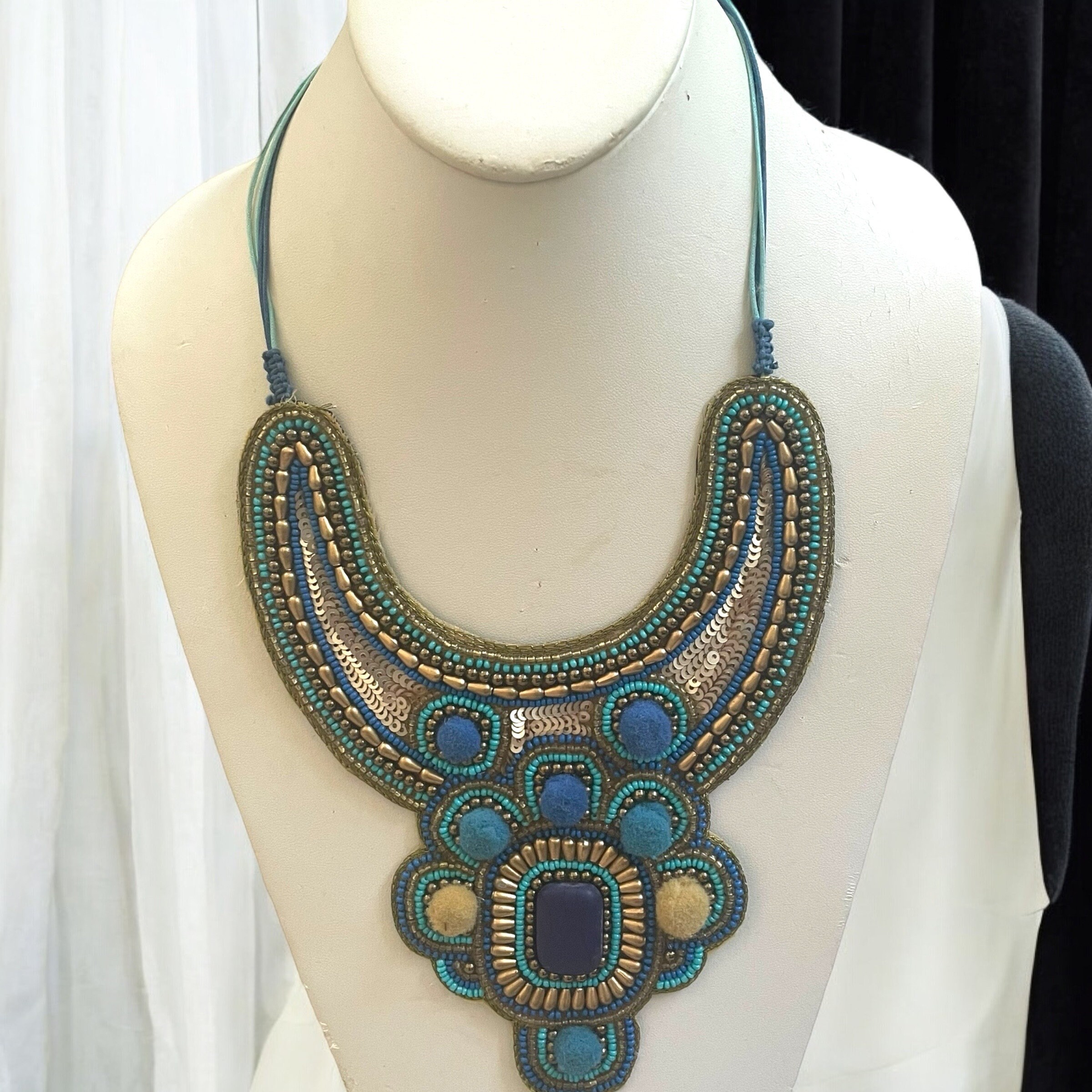 Stunning Beadwork Necklace - Mixed Materials With Sequins, Pom Poms and ...