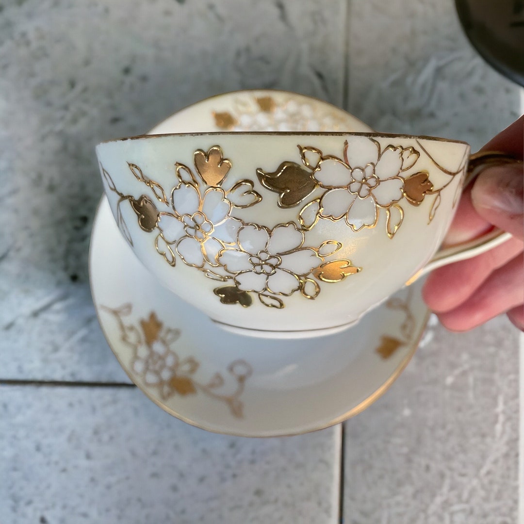 Stunning Sets of Nippon Tea Cups and Saucers Raised Gold on White ...