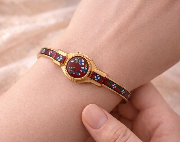 Vintage Swiss Peek A Boo Watch - Enamel Bracelet Watch - Ladies Gold ...