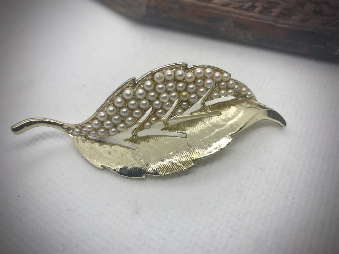 Vintage Leaf Pin Studded With Faux Pearls - Etsy