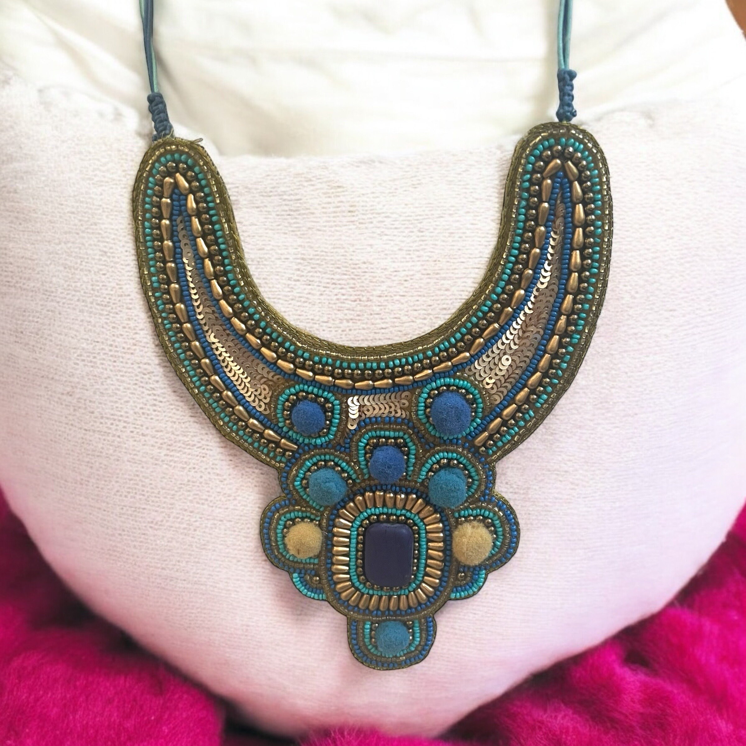 Stunning Beadwork Necklace - Mixed Materials With Sequins, Pom Poms and ...
