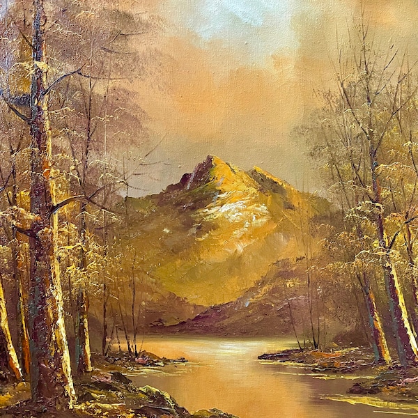 Vintage Original Oil Painting Landscape With Trees Lake Mountains And ...