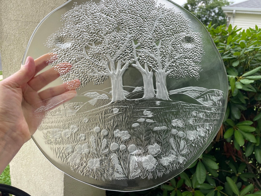 Etched Glass Trees and Flower Garden Landscape Vintage Cake Plate - Etsy